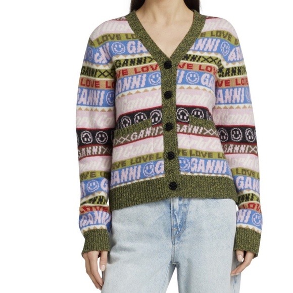 Ganni | Sweaters | Ganni Wool Blend Logo Cardigan | Poshmark